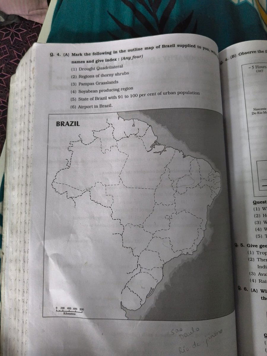 Question 9.4 (A) Mark the following in the outline map of Brazil supplied..