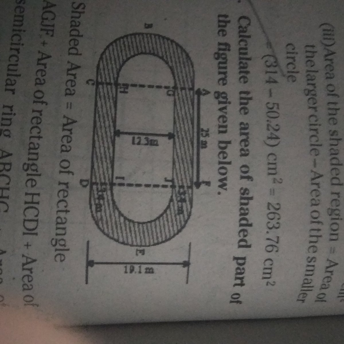 Calculate the area of the shaded part of the figure below. The figure con..
