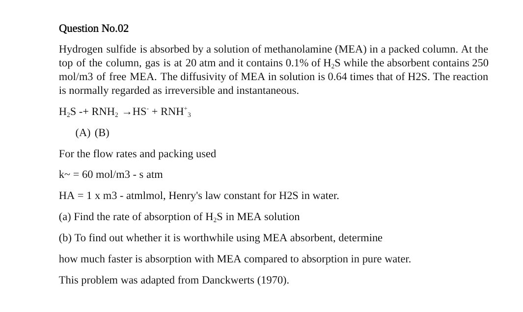 Hydrogen sulfide (H2S) is absorbed by a solution of methanolamine (MEA) i..