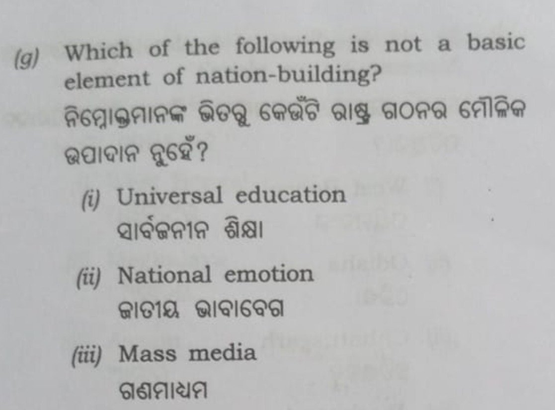Which of the following is not a basic element of nation-building? ନିମ୍ନୋ..