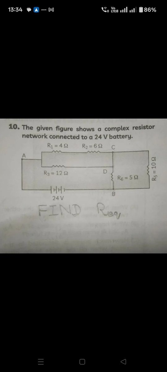 The given figure shows a complex resistor network connected to a 24 V bat..