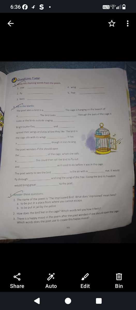 A. Write the rhyming words from the poem. tree fly bees wing free B. Fil..
