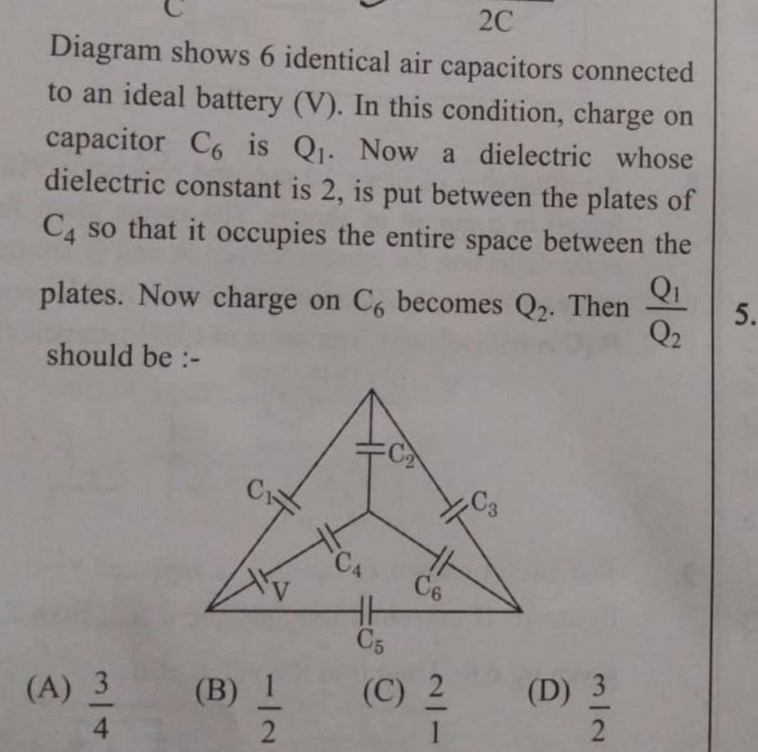 Diagram shows 6 identical air capacitors connected to an ideal battery (V..