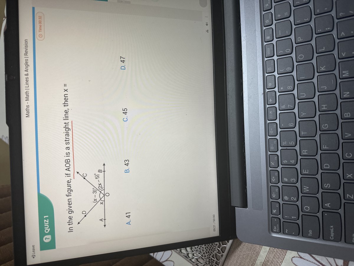 In the given figure, if AOB is a straight line, then find the value of x...