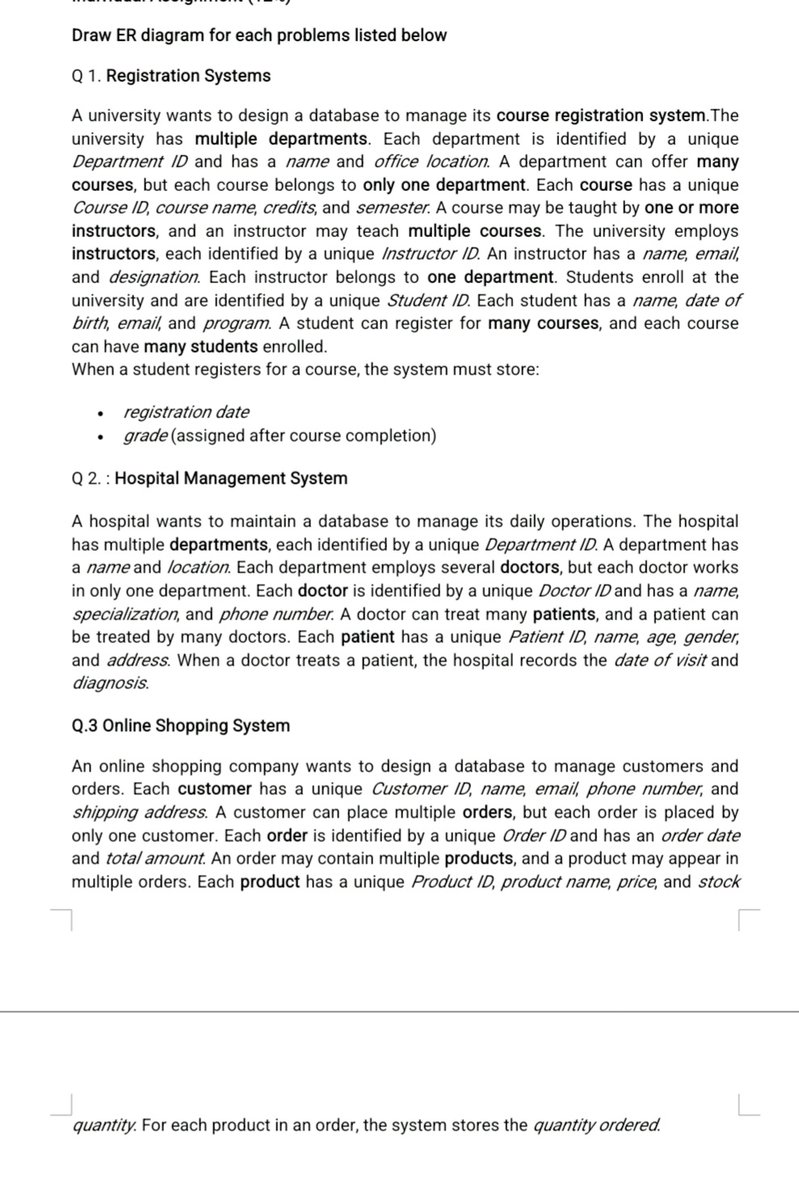 Draw ER diagram for each problems listed below Q 1. Registration Systems..
