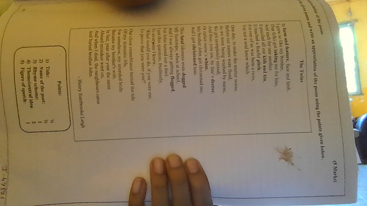 Write an appreciation of the poem "The Twins" using the following points:..