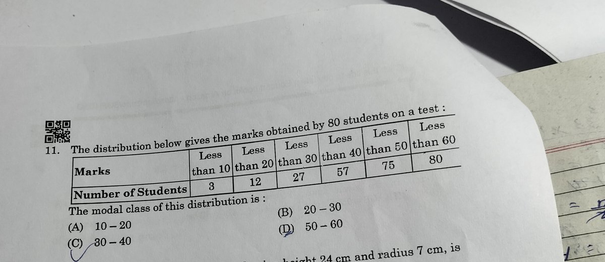The distribution below gives the marks obtained by 80 students on a test:..