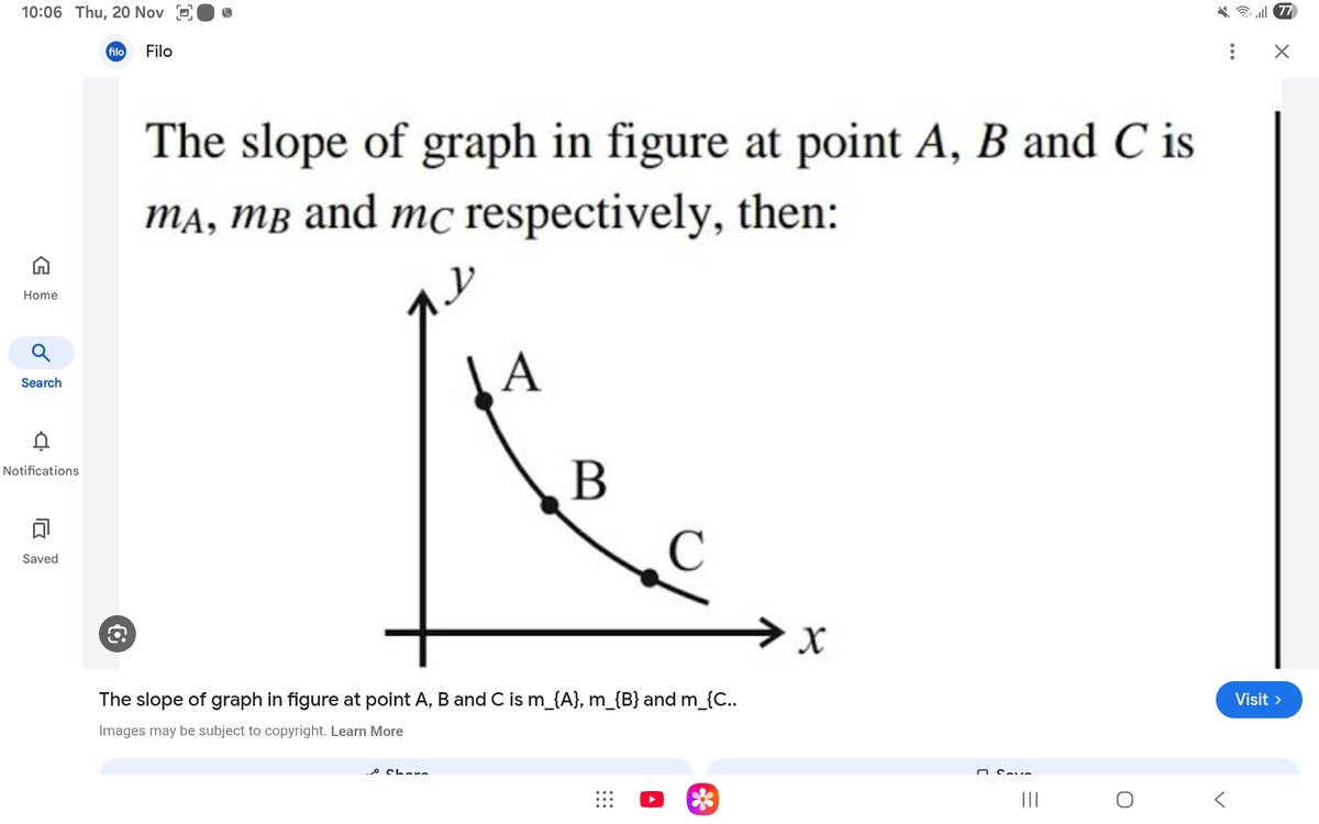 The slope of the graph in the figure at points A, B, and C is m_A, m_B, a..