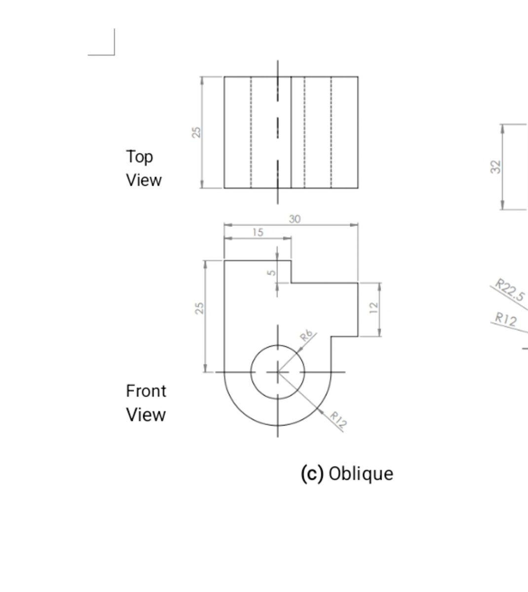 The image shows the front and top views of an object, along with some dim..