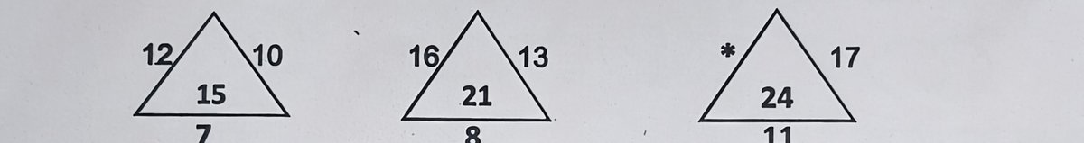 Find the missing number in the third triangle. The numbers in the first t..