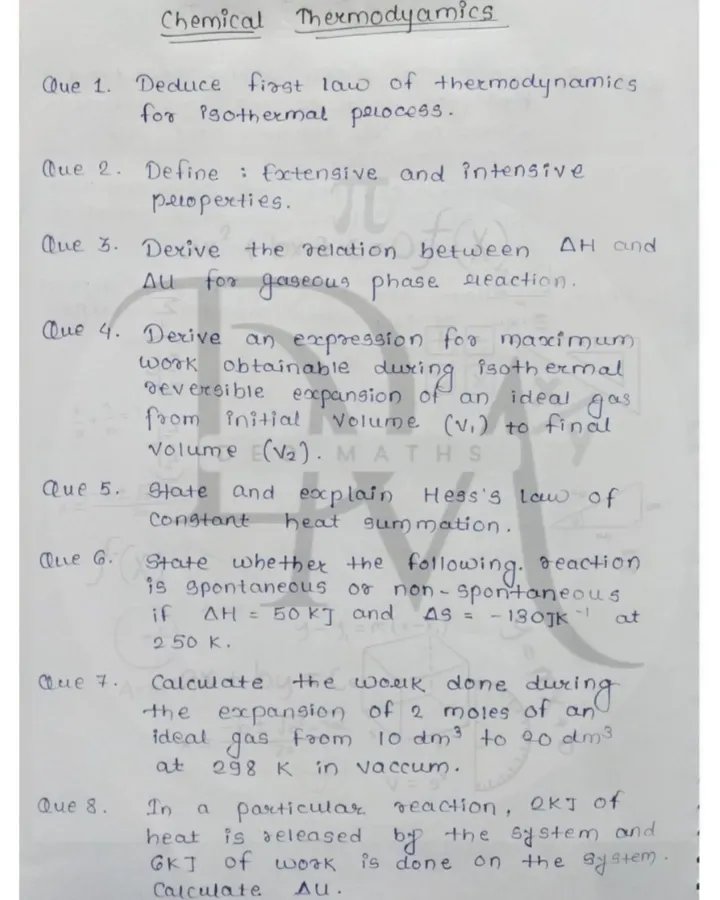 Deduce first law of thermodynamics for isothermal process. Define: Extens..