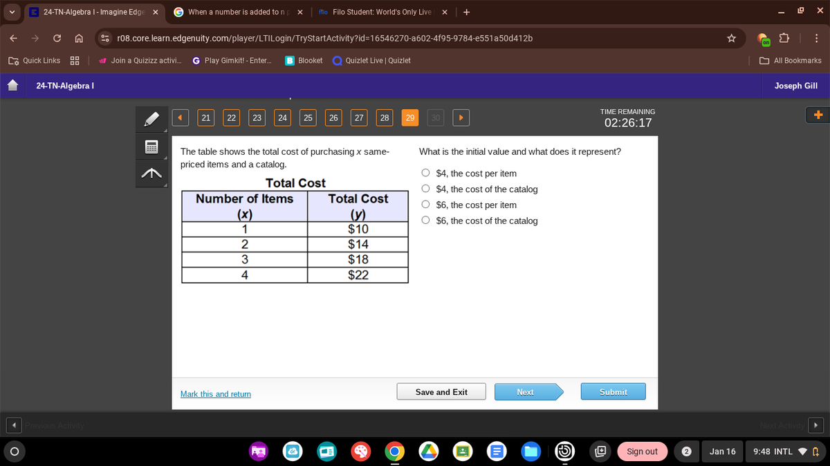 The table shows the total cost of purchasing x same-priced items and a ca..