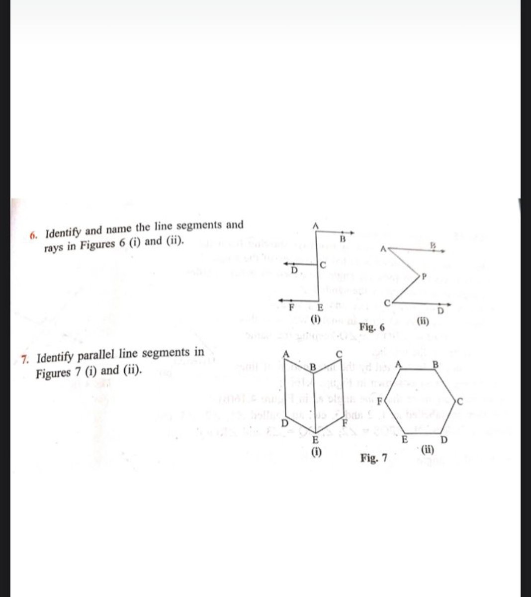 Identify and name the line segments and rays in Figures 6 (i) and (ii).