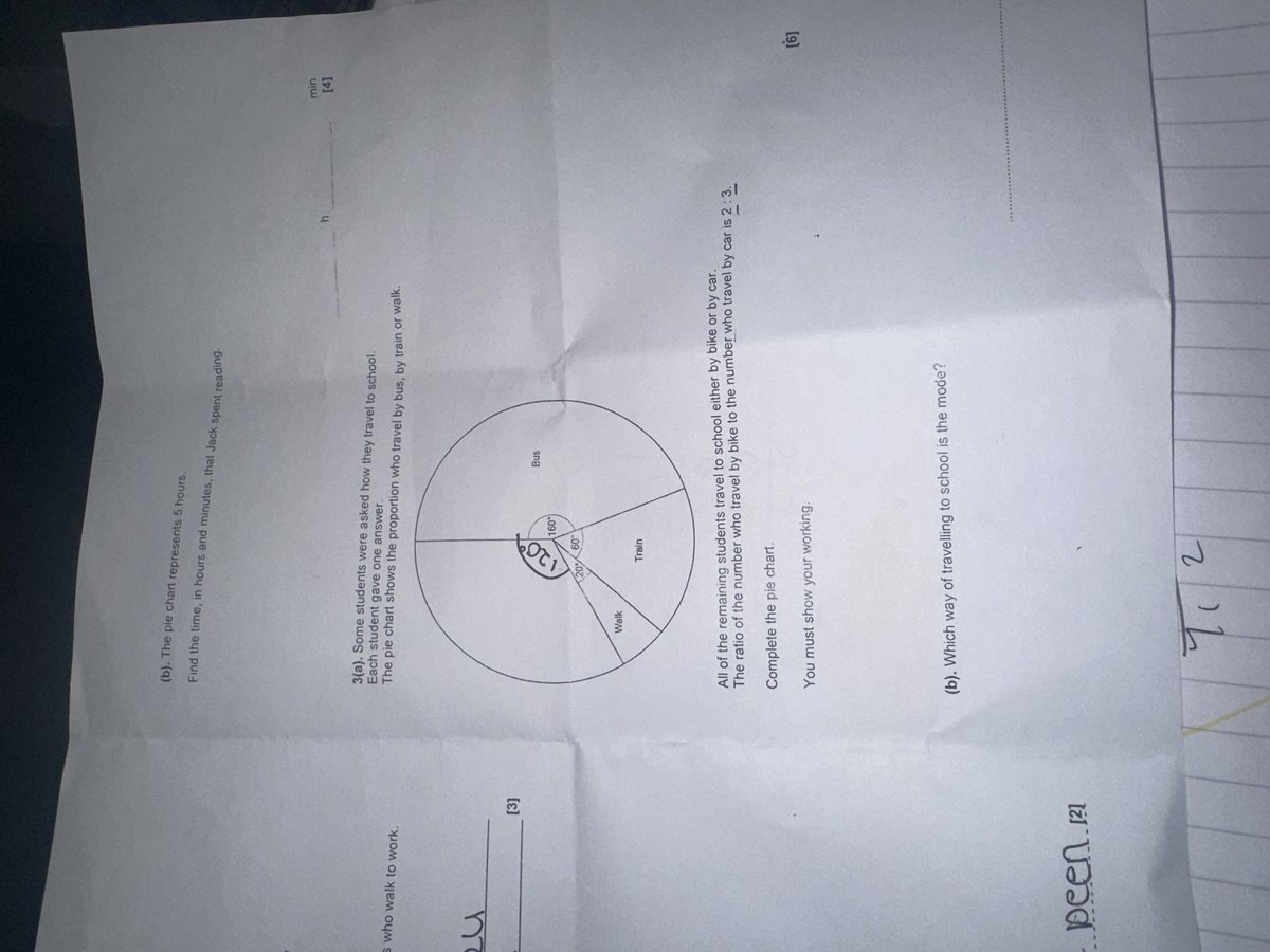 (b). The pie chart represents 5 hours. Find the time, in hours and minute..