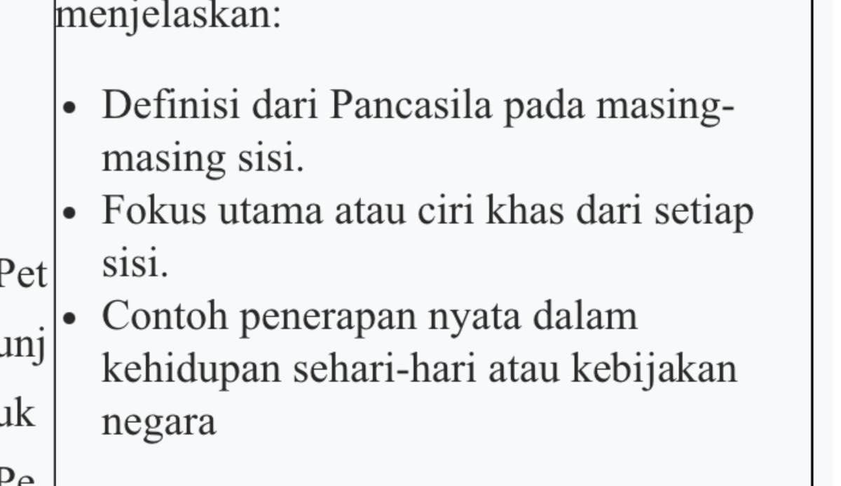 Explain: Definition of Pancasila on each side. The main focus or charact..
