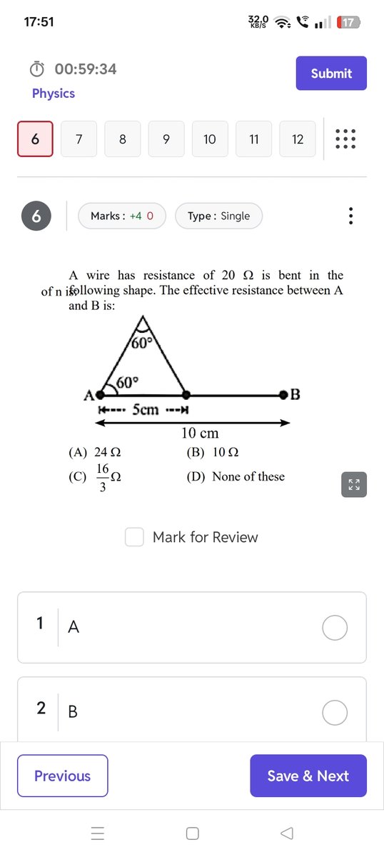 A wire has a resistance of 20 Ω and is bent into a triangle with a 60° an..