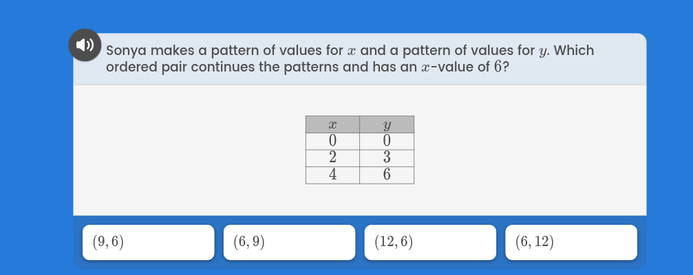 Sonya makes a pattern of values for x and a pattern of values for y. Whic..