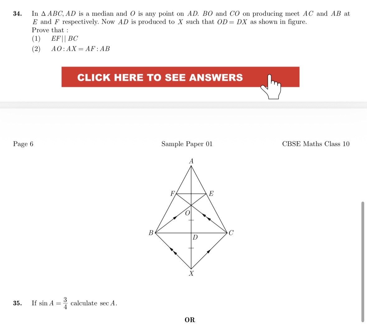 In \triangle ABC, AD is a median and O is any point on AD. BO and CO on p..