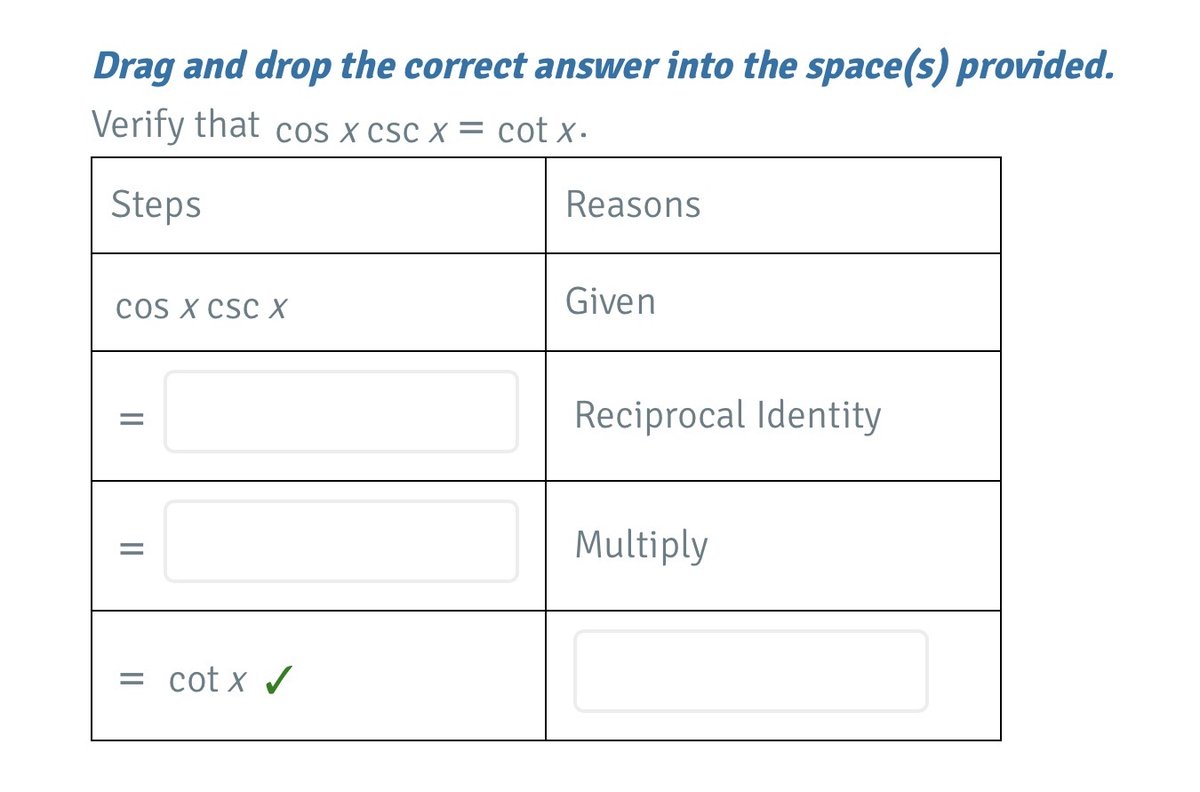 Verify that cos x csc x = cot x. | Steps | Reasons