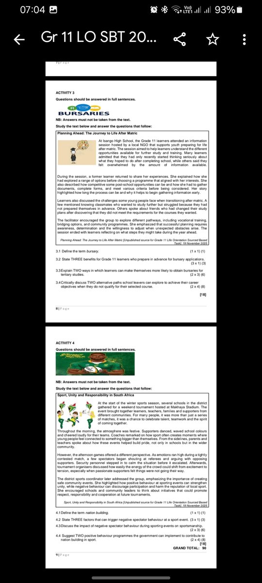 Activity 3 1 Define the term bursary. 2 State THREE benefits for Grade 1..