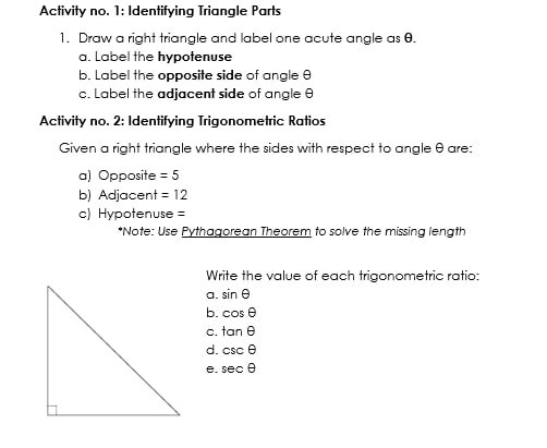 Activity no. 1: Identifying Triangle Parts Draw a right triangle and lab..