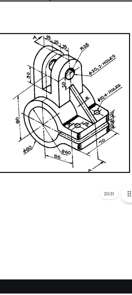 Draw the orthographic projection of the given 3D mechanical part The par..