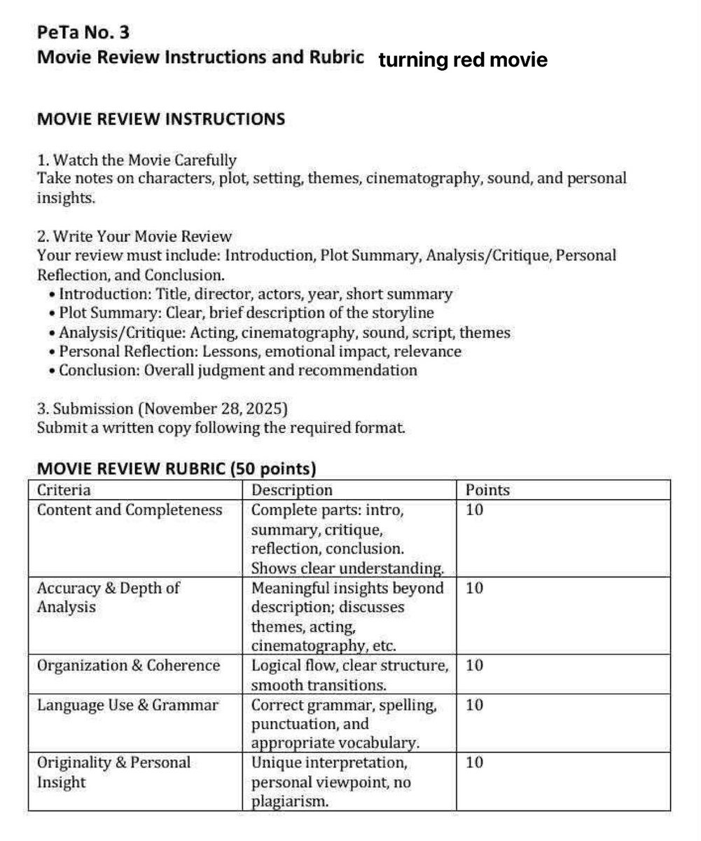PeTa No. 3 Movie Review Instructions and Rubric turning red movie MOVIE R..