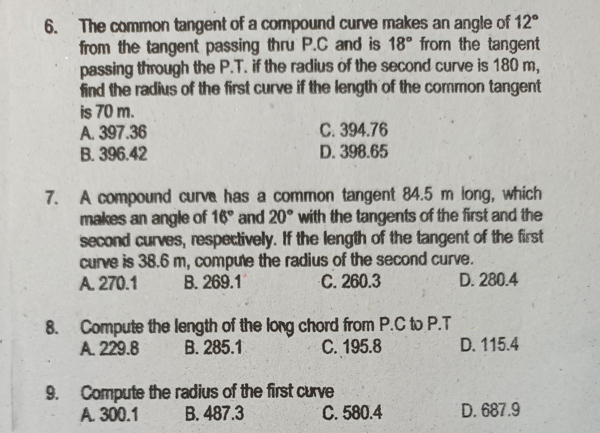 The common tangent of a compound curve makes an angle of 12° from the tan..