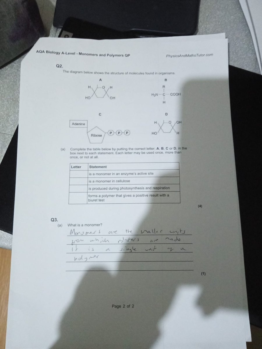 Q2. The diagram below shows the structure of molecules found in organisms..
