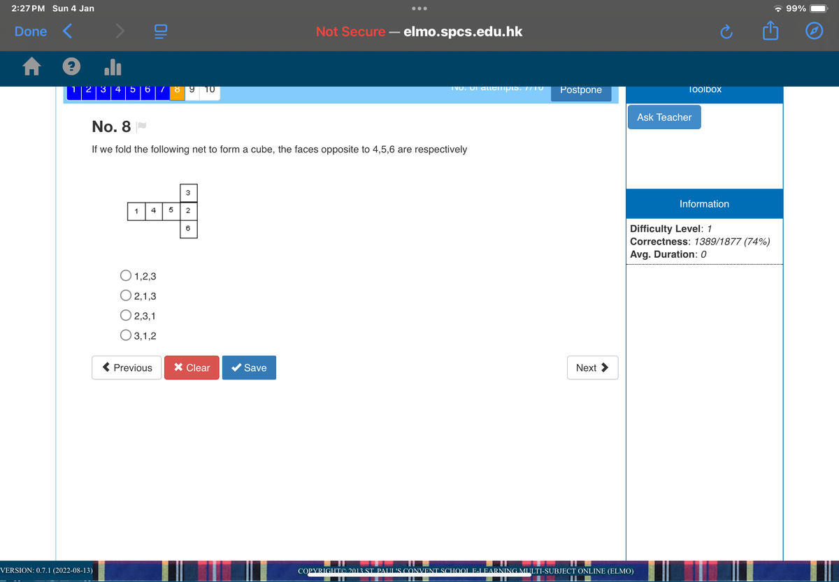 If we fold the following net to form a cube, the faces opposite to 4, 5,