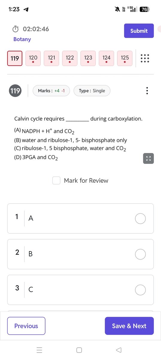 Calvin cycle requires _ during carboxylation. (A) NADPH + H+ and CO2 (B..