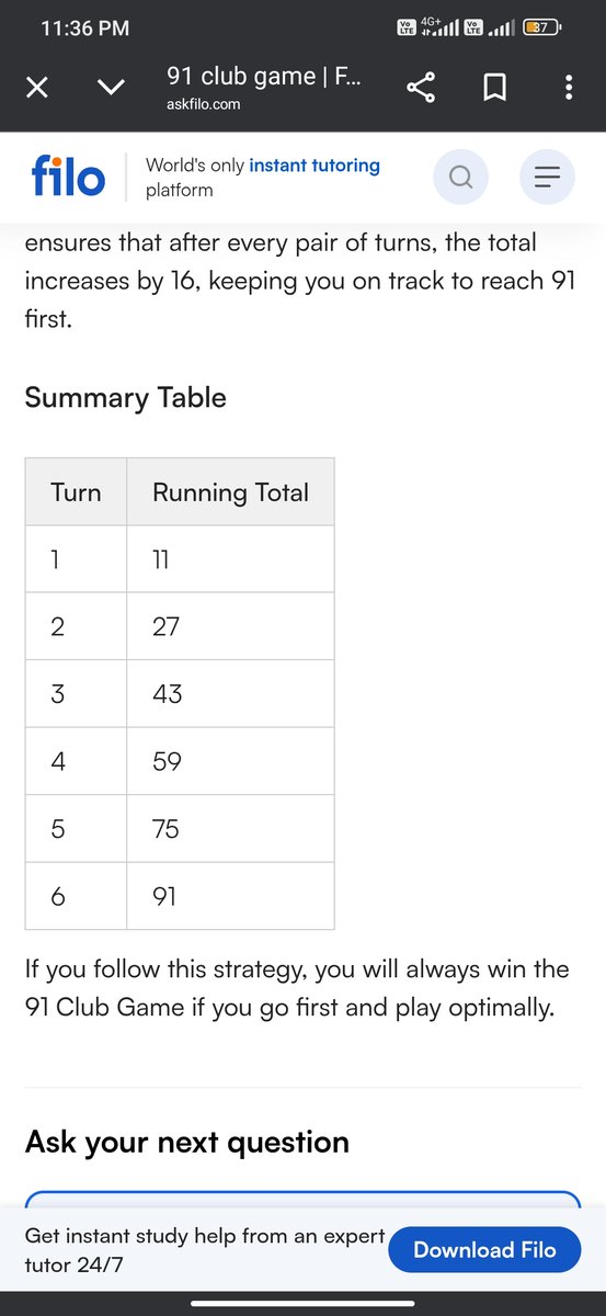 91 Club Game Strategy and Winning Condition The game involves two player..