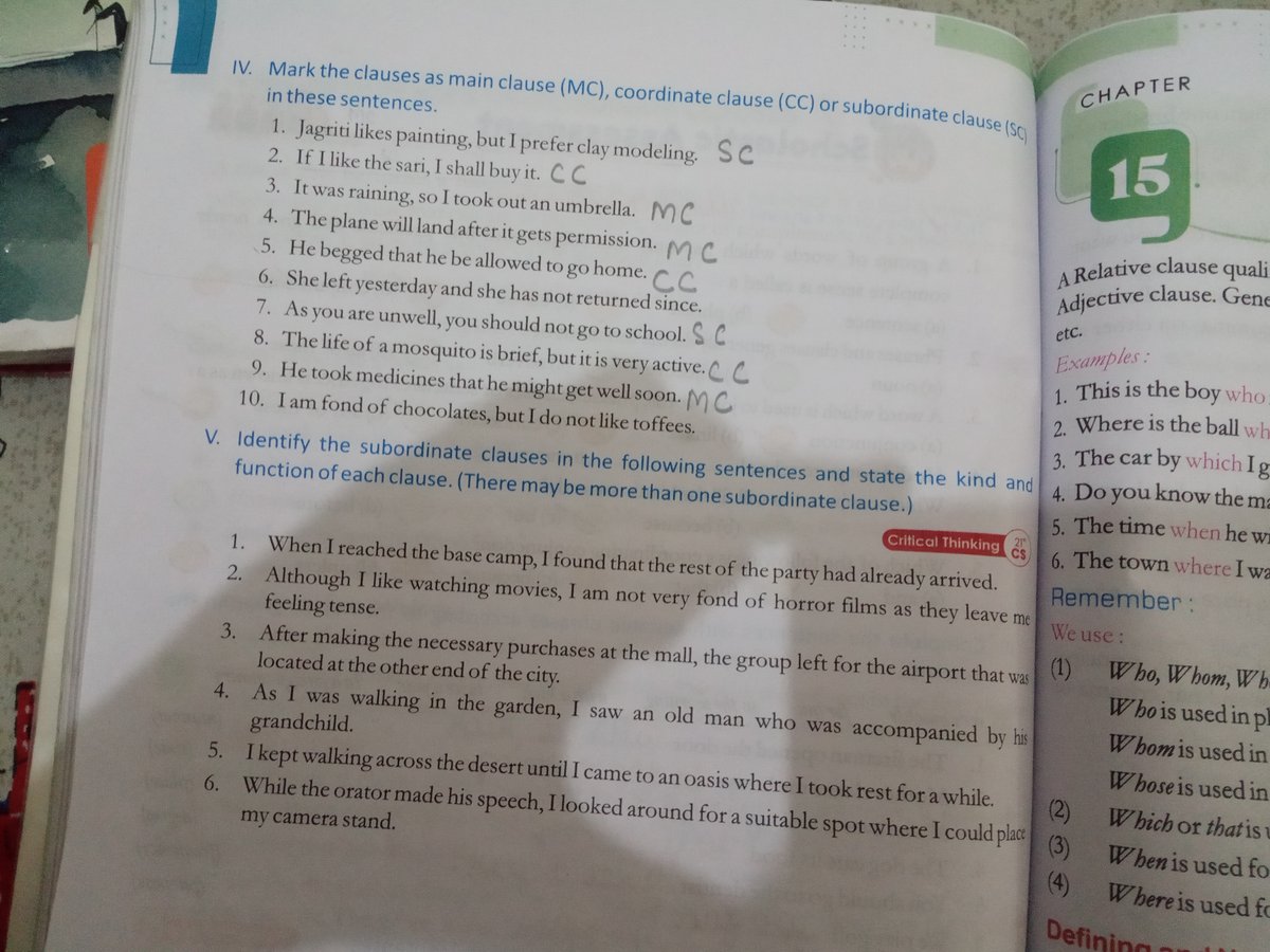 IV. Mark the clauses as main clause (MC), coordinate clause (CC) or subor..