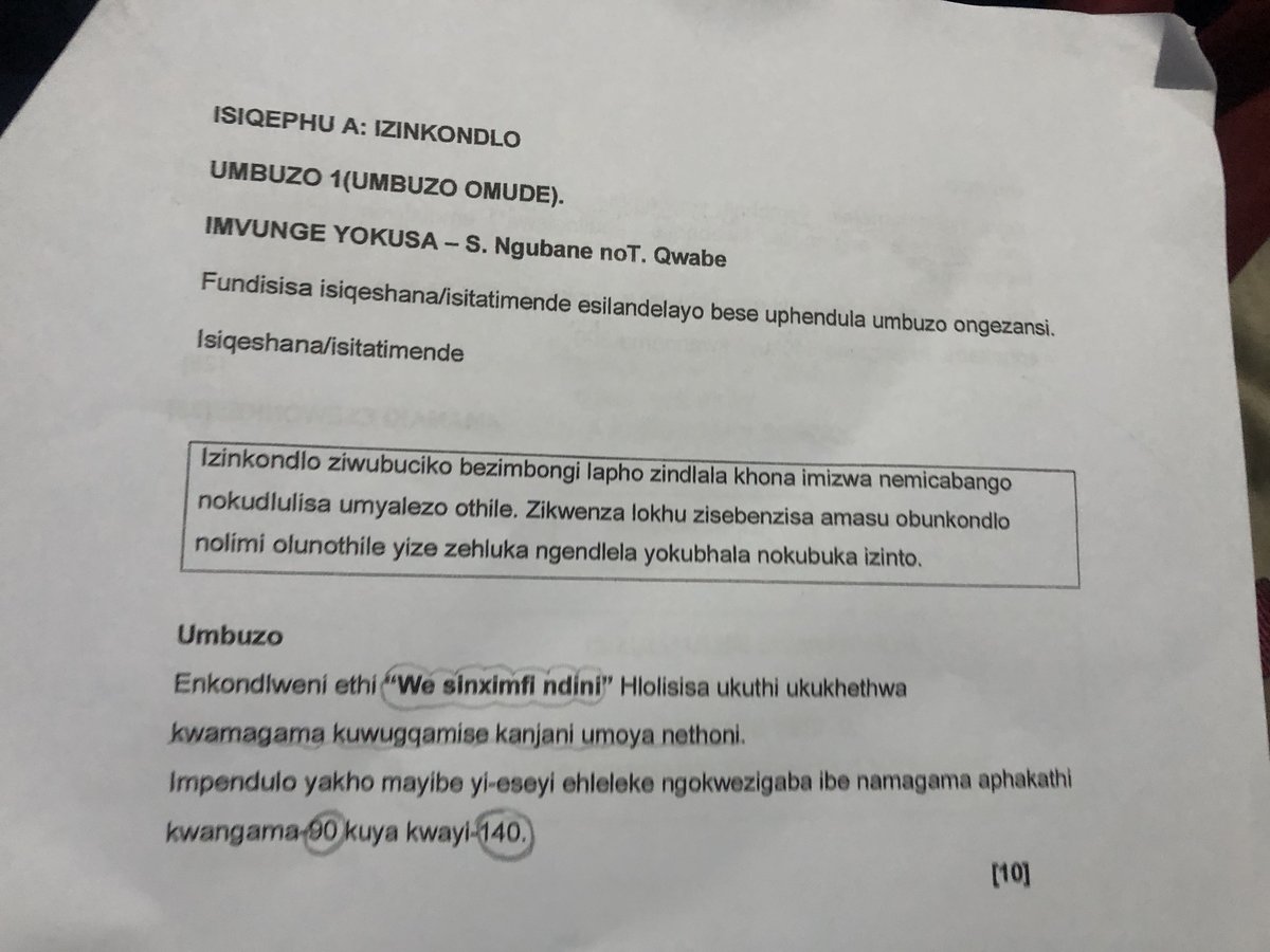ISIQEPHU A: IZINKONDLO UMBUZO 1(UMBUZO OMUDE). IMVUNGE YOKUSA – S. Nguban..