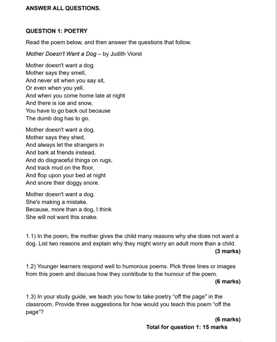 Read the poem "Mother Doesn't Want a Dog" by Judith Viorst and answer the..