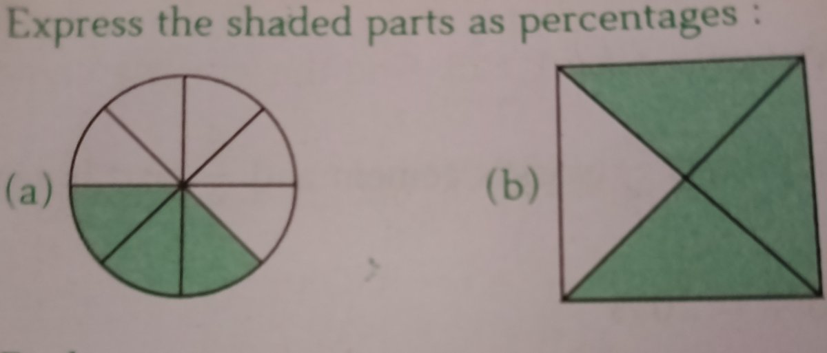 Express the shaded parts as percentages: (a) A circle divided into 8 equ..