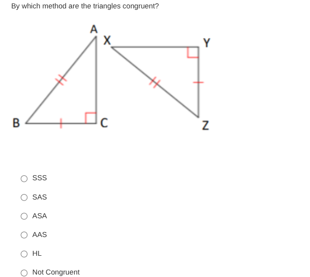 By which method are the triangles congruent? [Diagram of two triangles A..