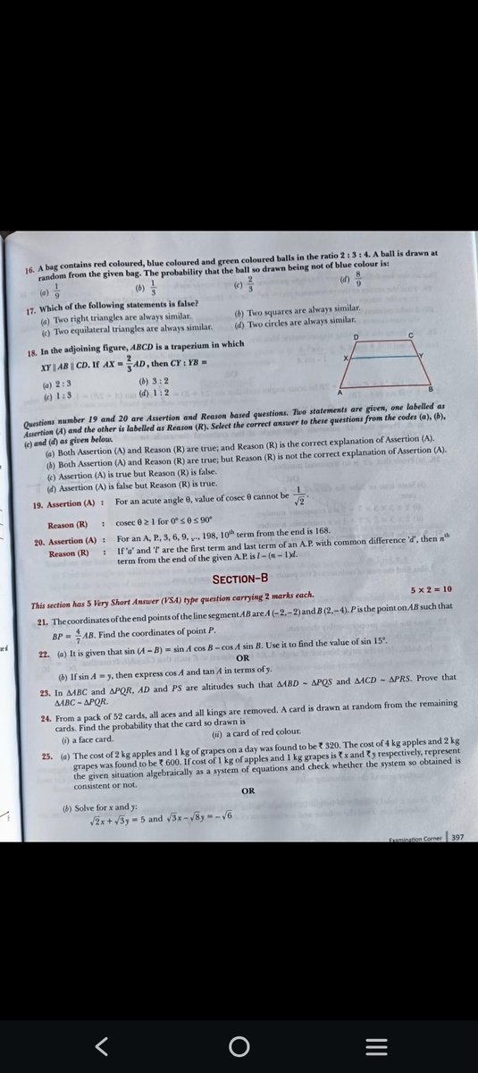 Questions A bag contains red, blue, and green coloured balls in the rati..