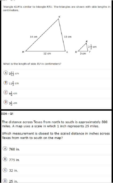 Triangle KLM is similar to triangle RTU. The triangles are shown with sid..
