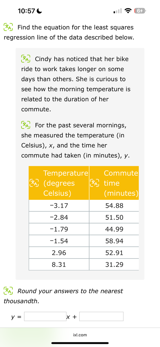 Find the equation for the least squares regression line of the data descr..