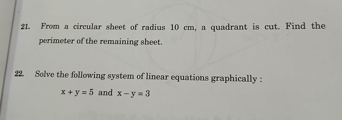 From a circular sheet of radius 10 cm , a quadrant is cut. Find the perim..