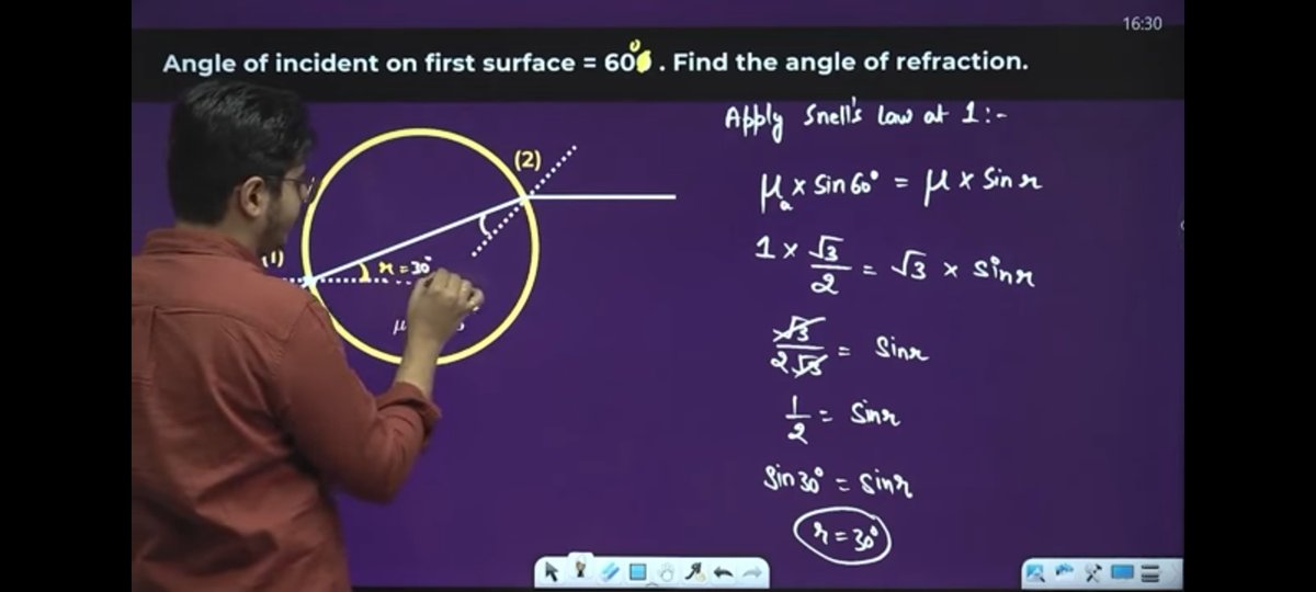 Angle of incidence on the first surface is 60°. Find the angle of refract..