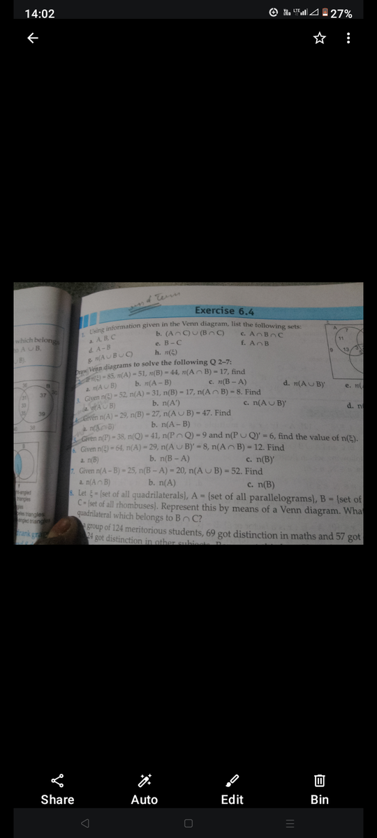 Exercise 6.4: Venn Diagram and Set Theory Problems Using information giv..