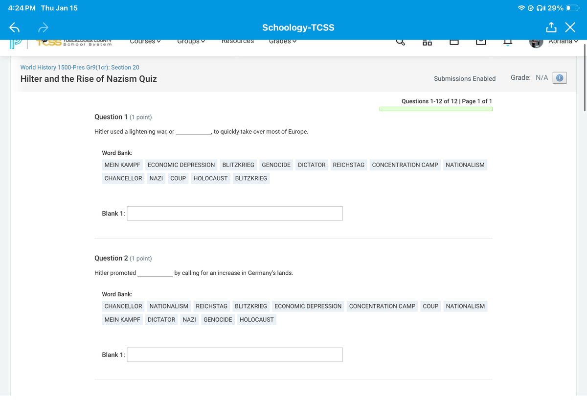 Question 1 (1 point) Hitler used a lightening war, or __ to quickly take..