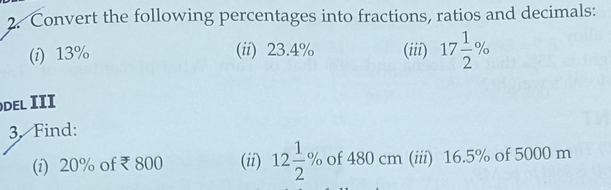 Convert the following percentages into fractions, ratios, and decimals: