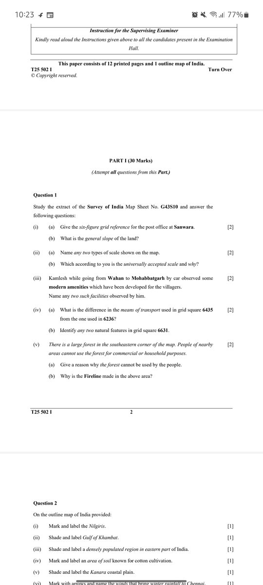 Question 1 Study the extract of the Survey of India Map Sheet No. G43S10