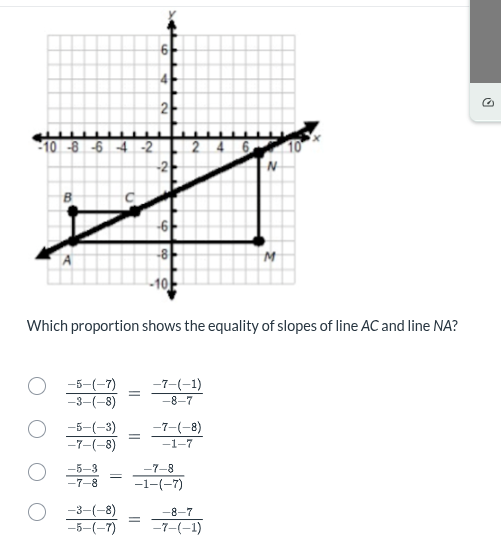 Which proportion shows the equality of slopes of line AC and line NA?