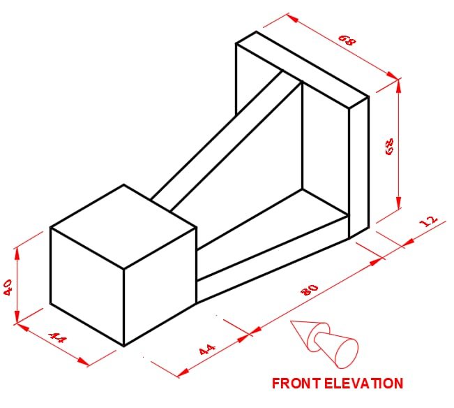 Given the isometric drawing with the following dimensions: Cube base: 44