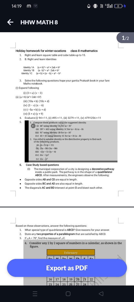 Holiday Homework for Winter Vacations - Class 8 Mathematics Write and le..