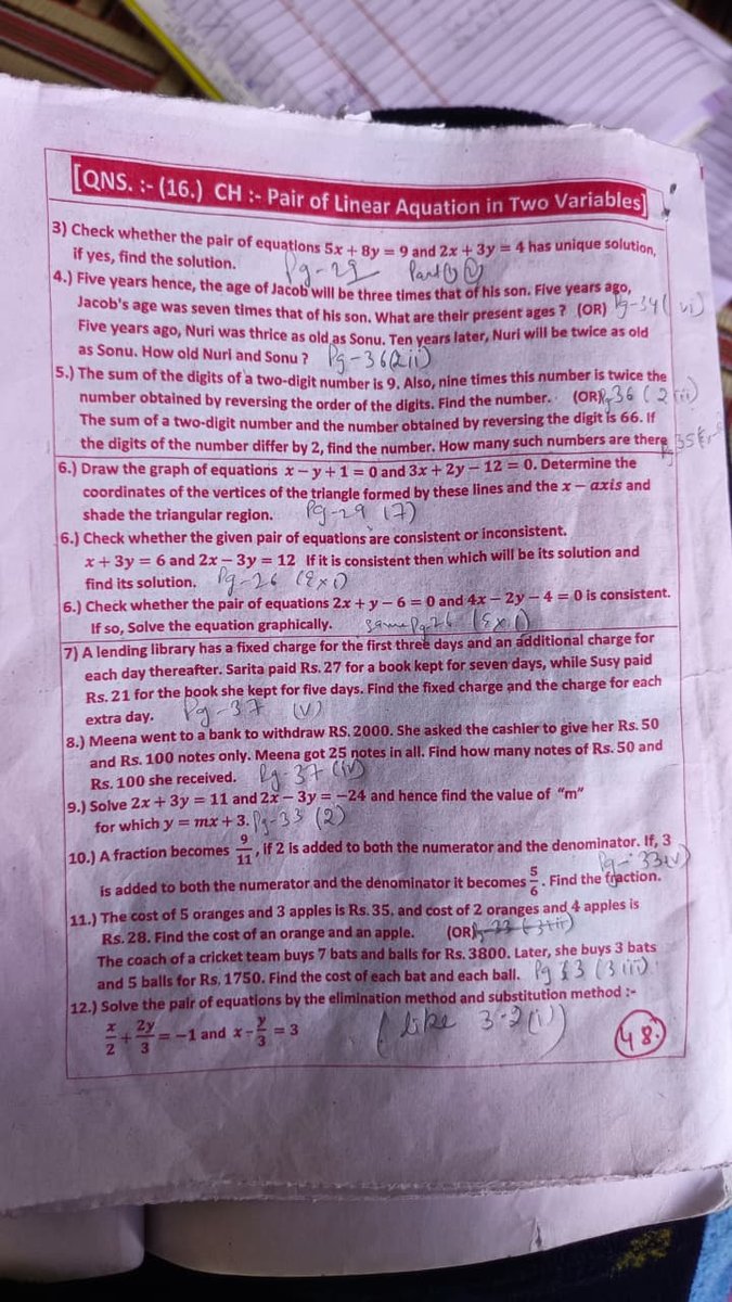 Questions on Pair of Linear Equations in Two Variables Check whether the..